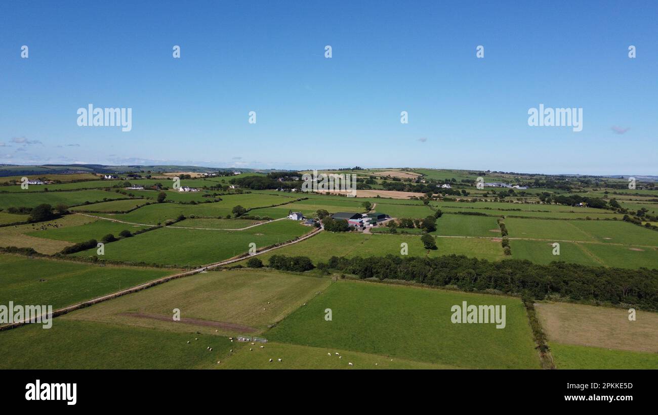 Agricultural landscape on afternoon, top view. Vast green farm fields ...