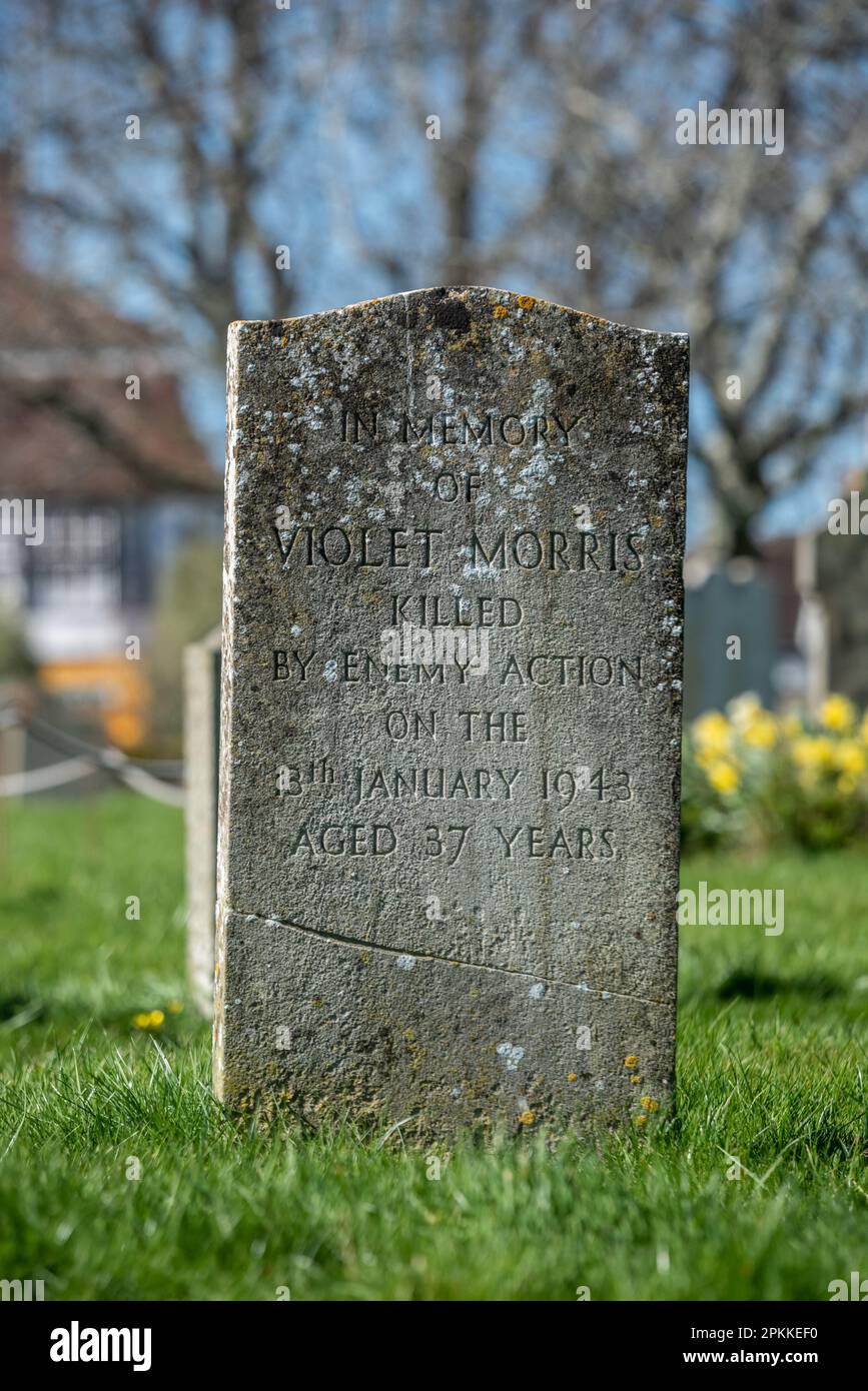Winchelsea, April 3rd 2023: Grave of Violet Morris in the churchyard of St Thomas the Martyr ...