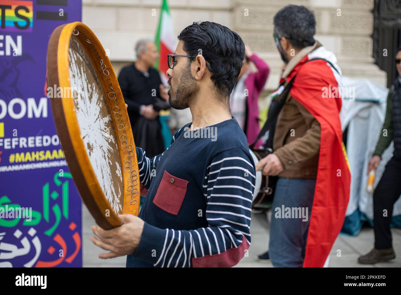 London, UK. 8th Apr, 2023. The Iranian diaspora, assembled outside the ...