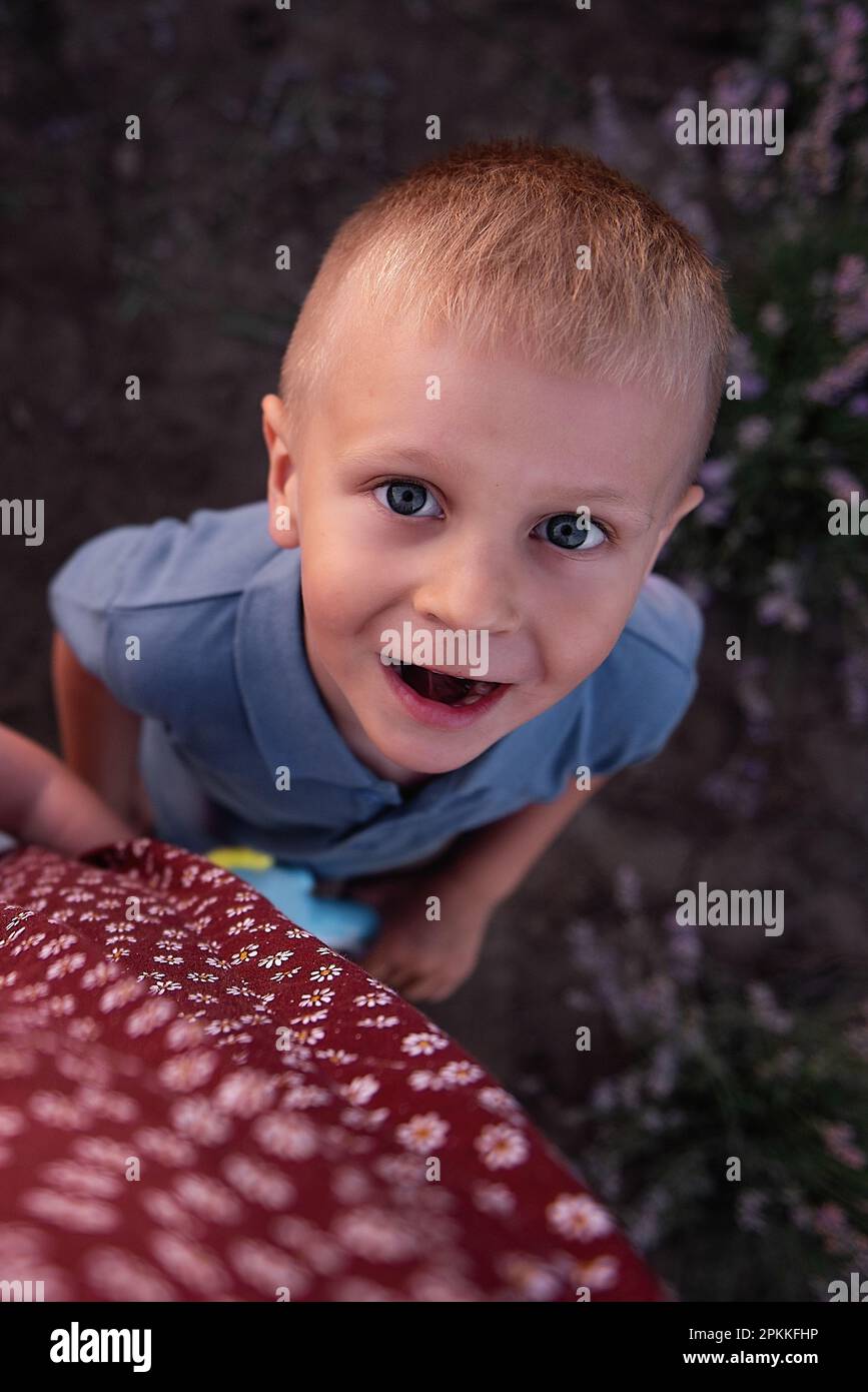 Top view little son hug mothers legs in the rows of purple lavender ...