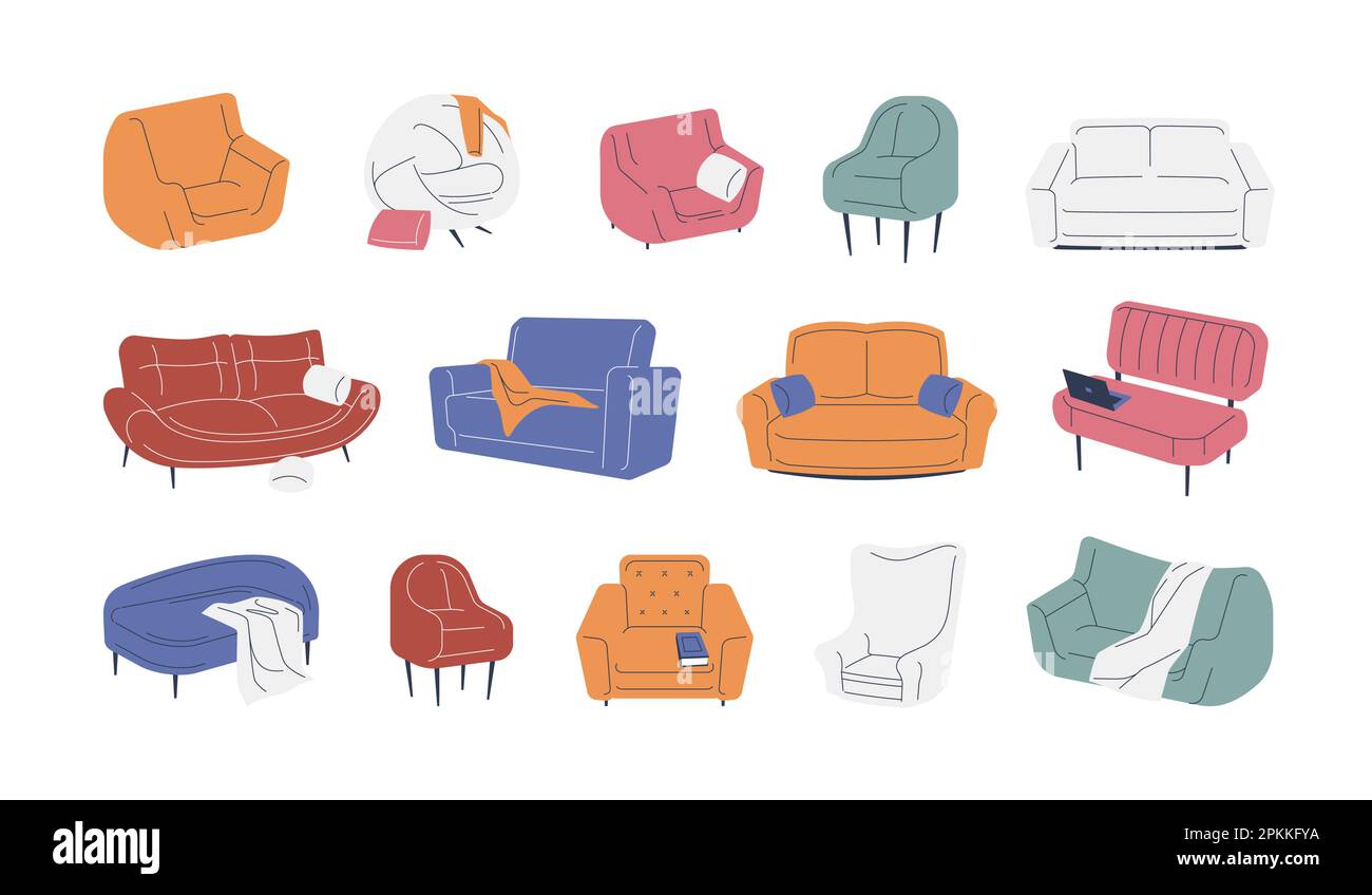 Sofas and armchairs. Modern cozy soft home furniture, colorful ...