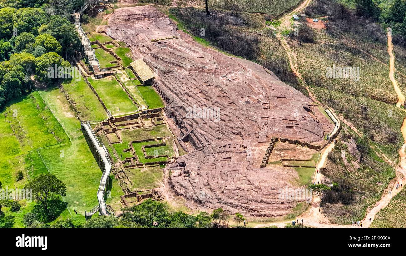 Aerial of El Fuerte de Samaipata, Pre-Columbian archaeological site, UNESCO World Heritage Site ...