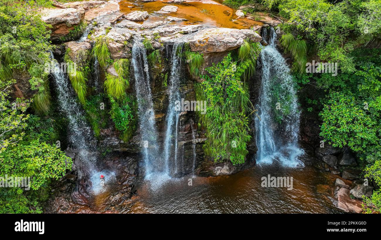 Aerial of the Cuevas Waterfalls, Samaipata, Bolivia, South America ...