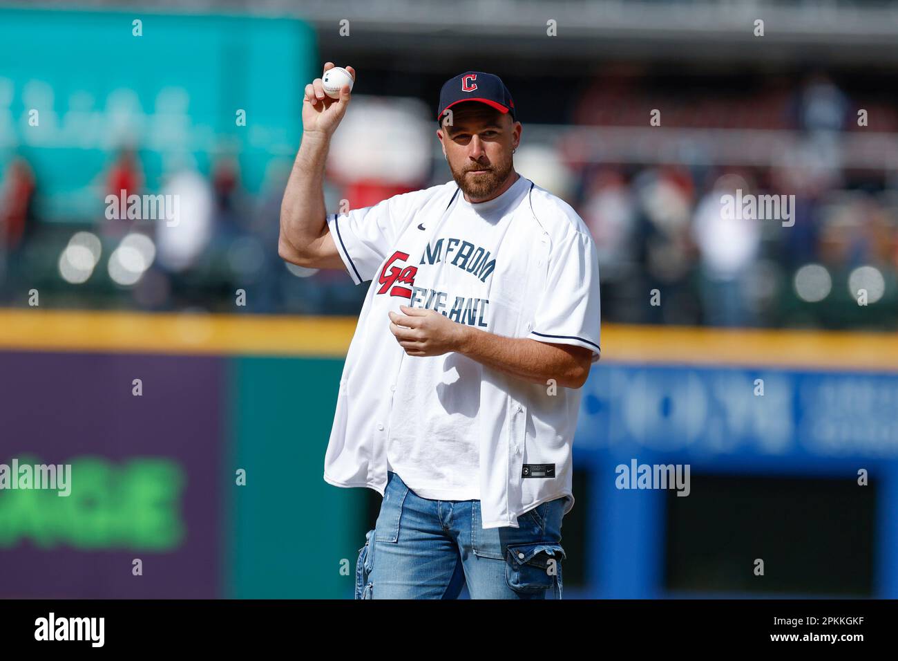 Kansas City Chiefs tight end Travis Kelce prepares to throw out the ceremonial first pitch ...