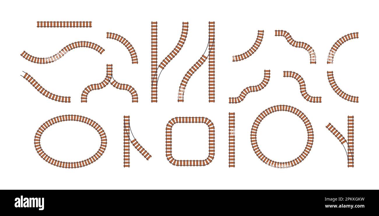 Railway parts. Straight track and curved rail, train frame and railway line flat style ...