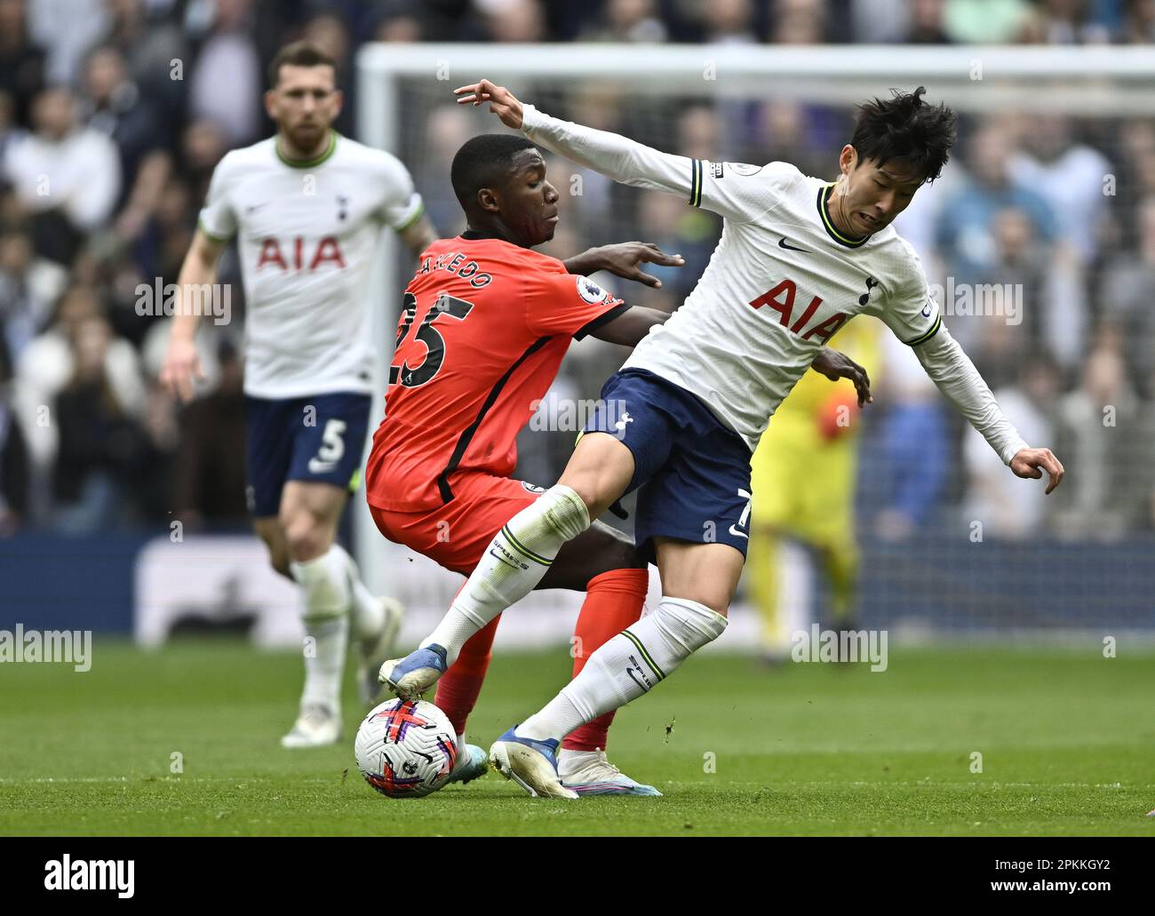 London, UK. 8th Apr, 2023. Son Heung-min (Tottenham) and Moisés Caicedo ...