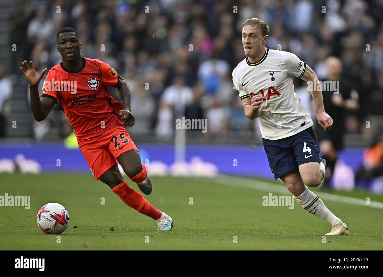 London, UK. 8th Apr, 2023. Oliver Skipp (Tottenham) goes past Moisés ...