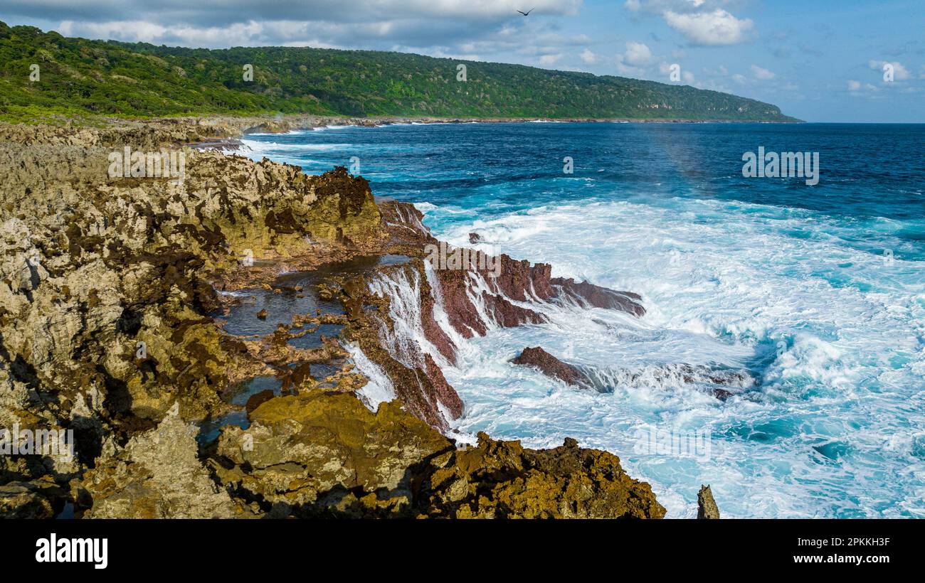 Aerial of the rugged coastline and the blowholes, Christmas Island ...