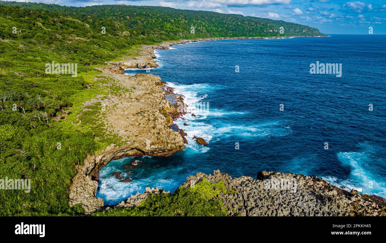 Aerial of the rugged coastline and the blowholes, Christmas Island ...