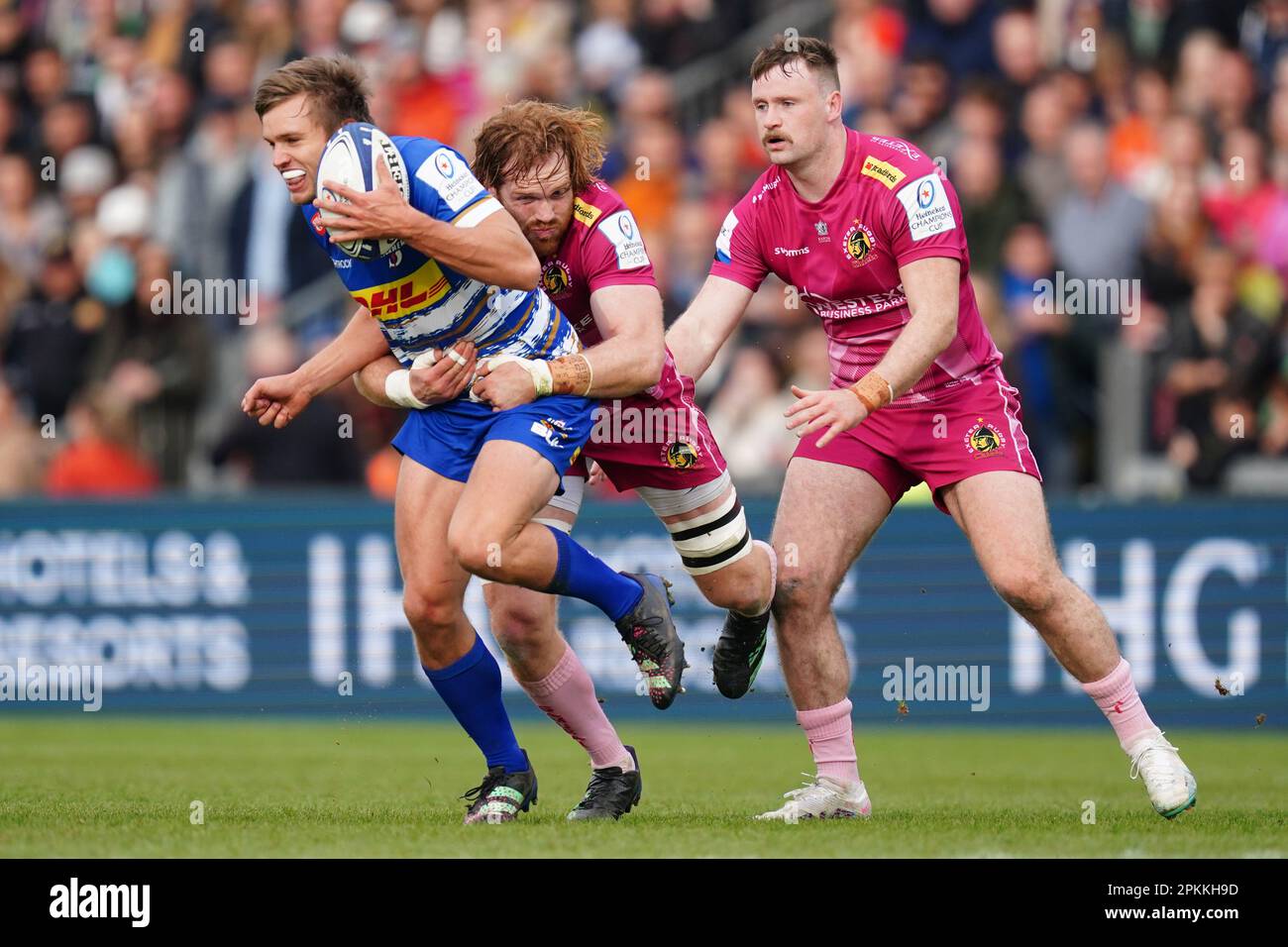 Stormers’ Dan du Plessis is tackled by Exeter Chiefs’ Jannes Kirsten ...