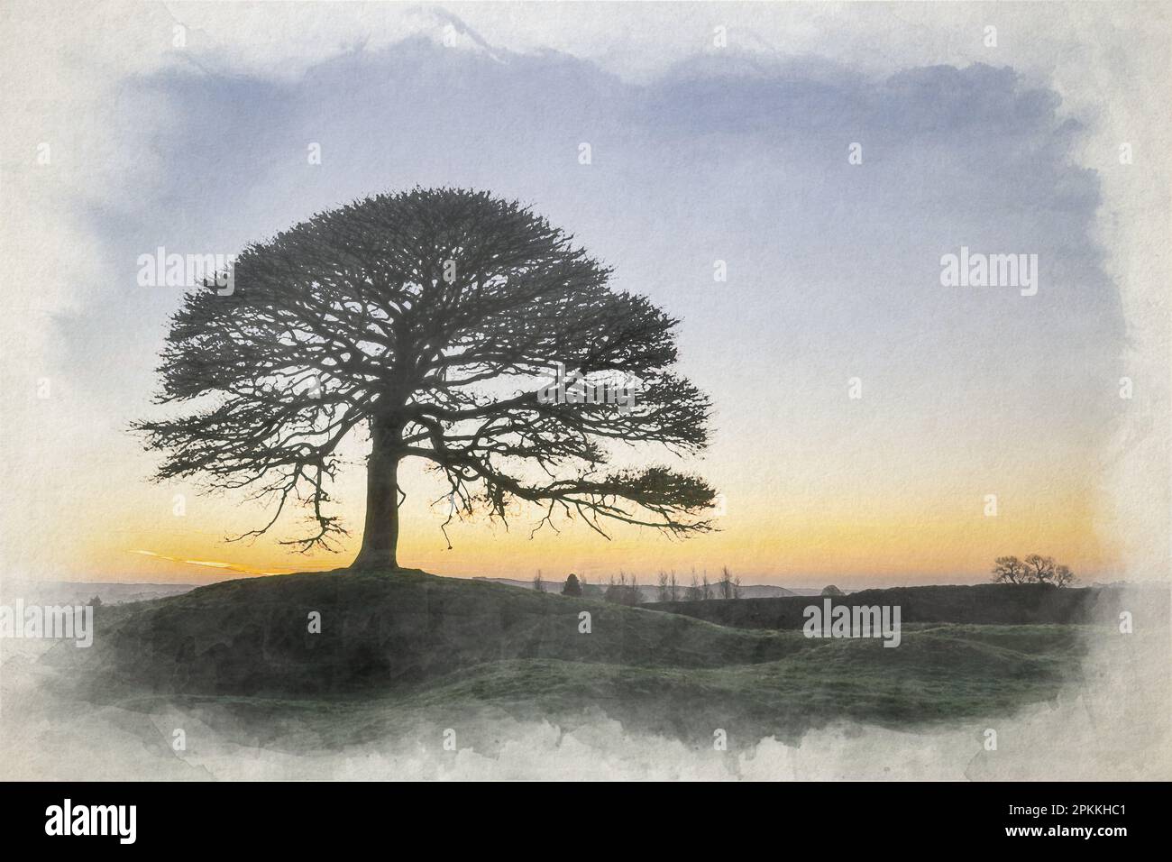 A digital watercolor painting of a lone tree at sunrise on Grindon Moor ...