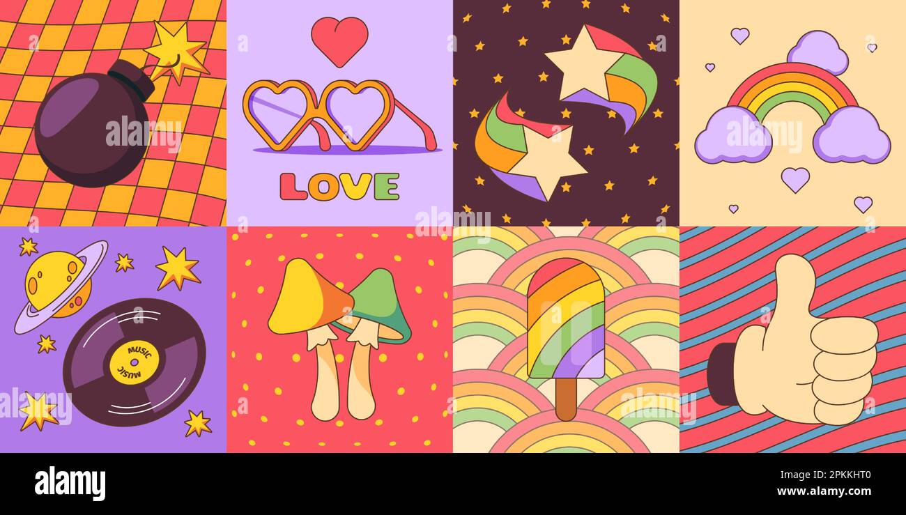 Hippie square posters. Summer groovy psychedelic decorative background ...