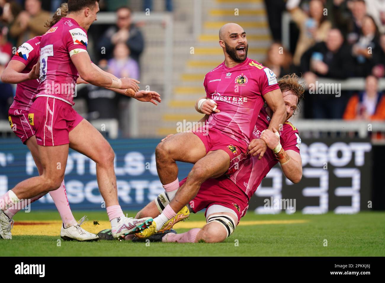 Exeter Chiefs’ Olly Woodburn celebrates after scoring their sides ...