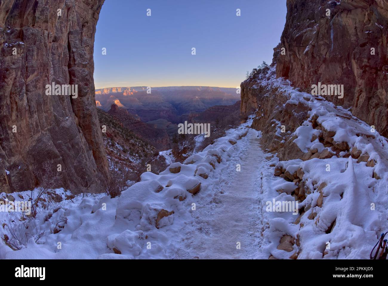 A winter sunrise view of Grand Canyon Arizona from Bright Angel Trail ...