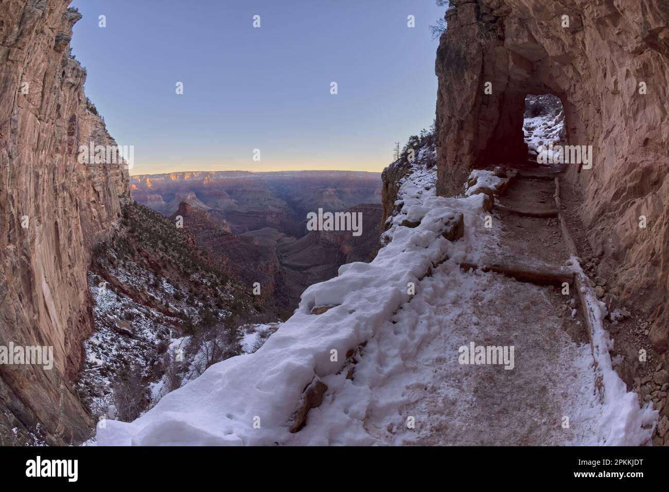 The second tunnel along Bright Angel Trail in winter at sunrise on the ...