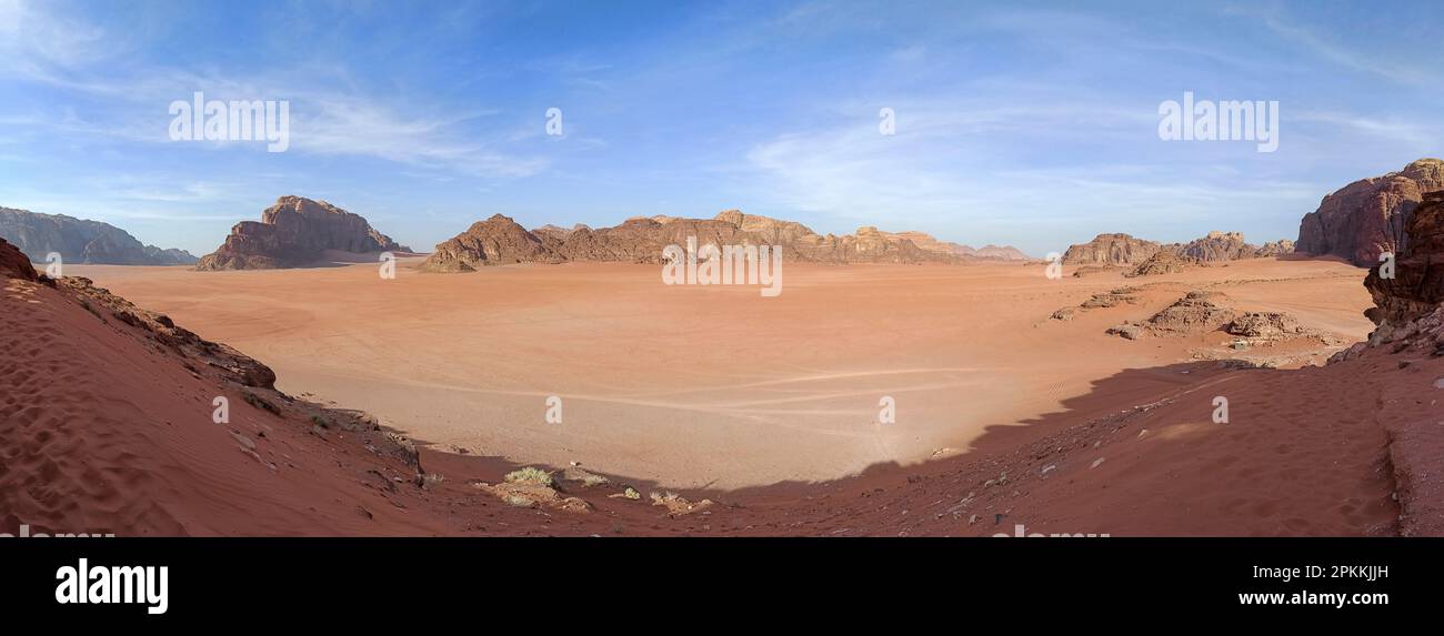 Wide panorama of the plain of Wadi Rum desert, Jordan, Middle East ...