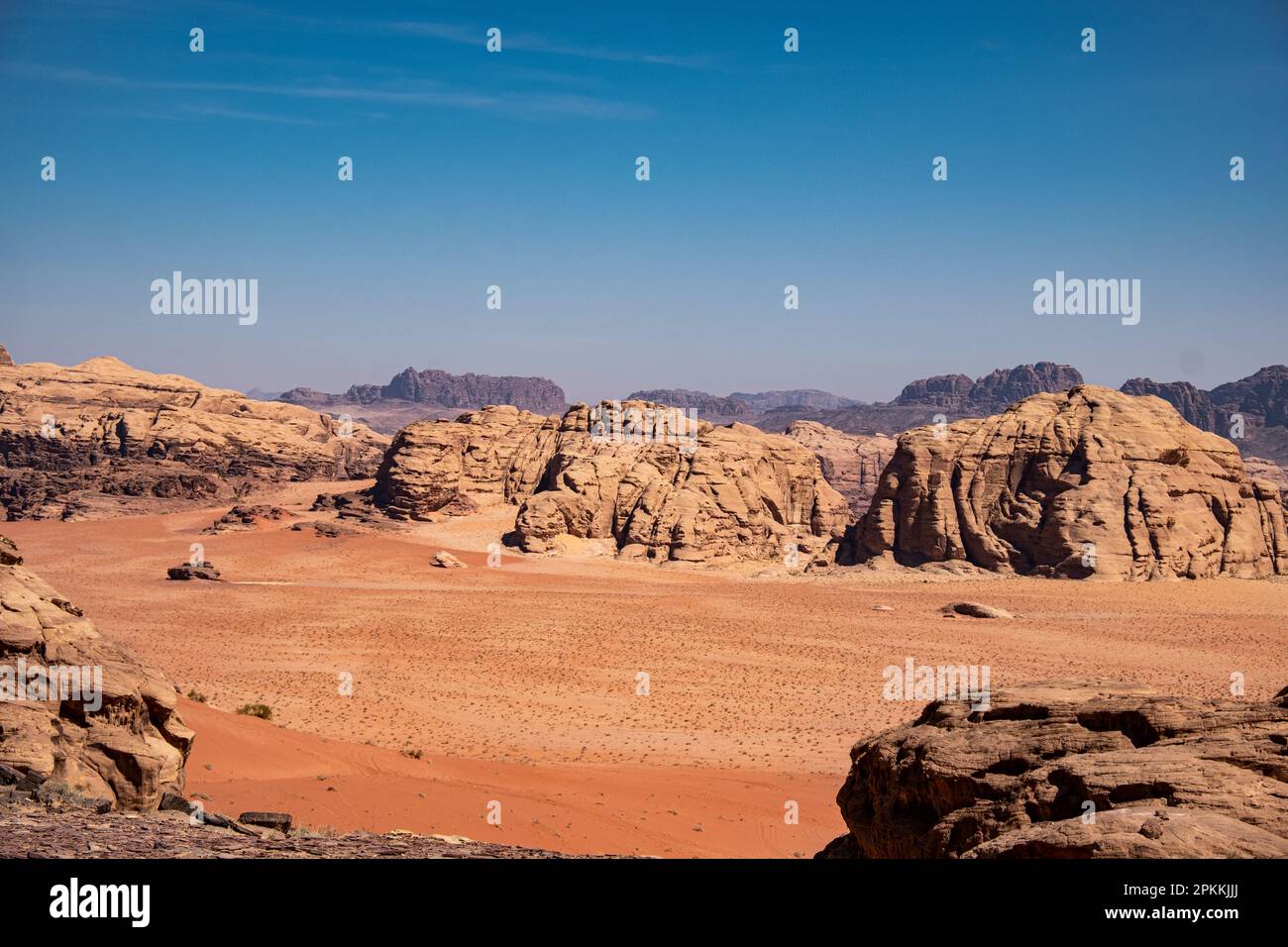 Red sand plain and some rocky mountains, Wadi Rum, Jordan, Middle East ...