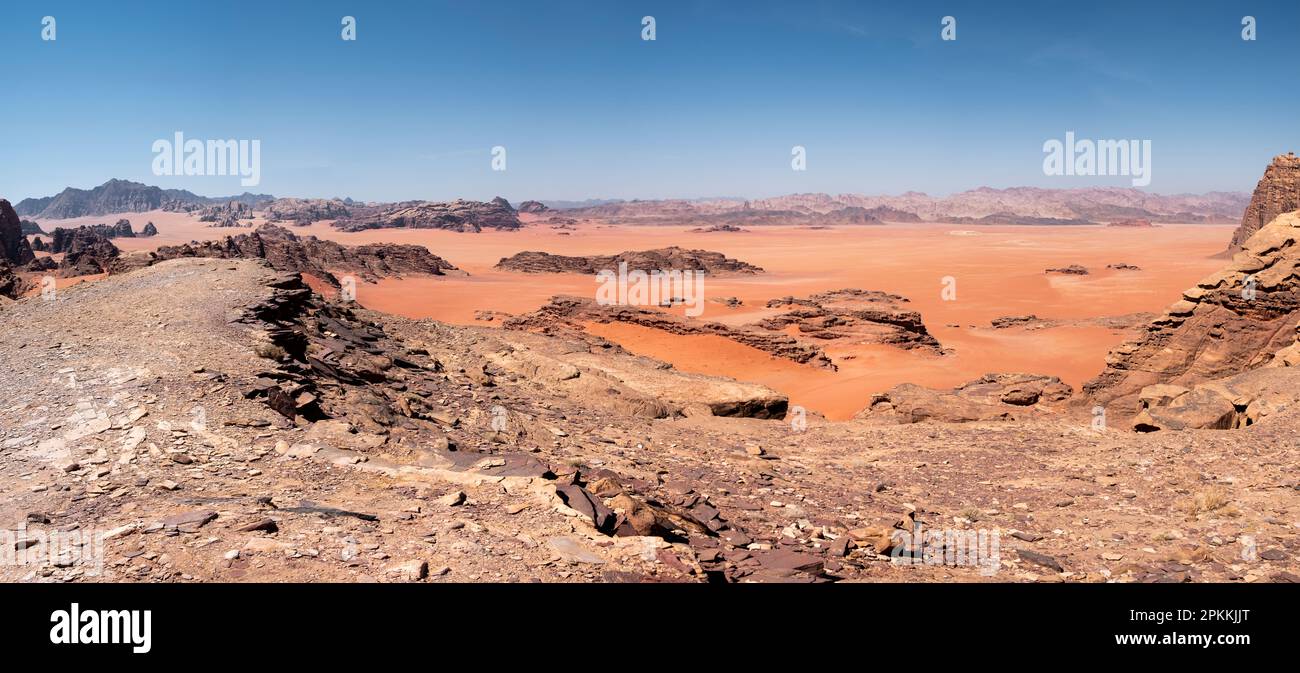 Panorama of a red sand plain in the Wadi Rum desert, Jordan, Middle ...