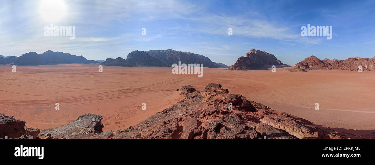 Wide panorama of the plain of Wadi Rum Desert, Jordan, Middle East ...