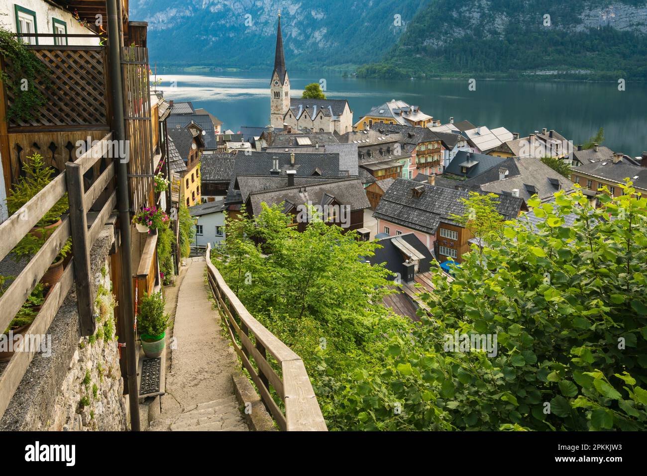 Elevated view of Hallstatt city center dominated by Evangelisches ...
