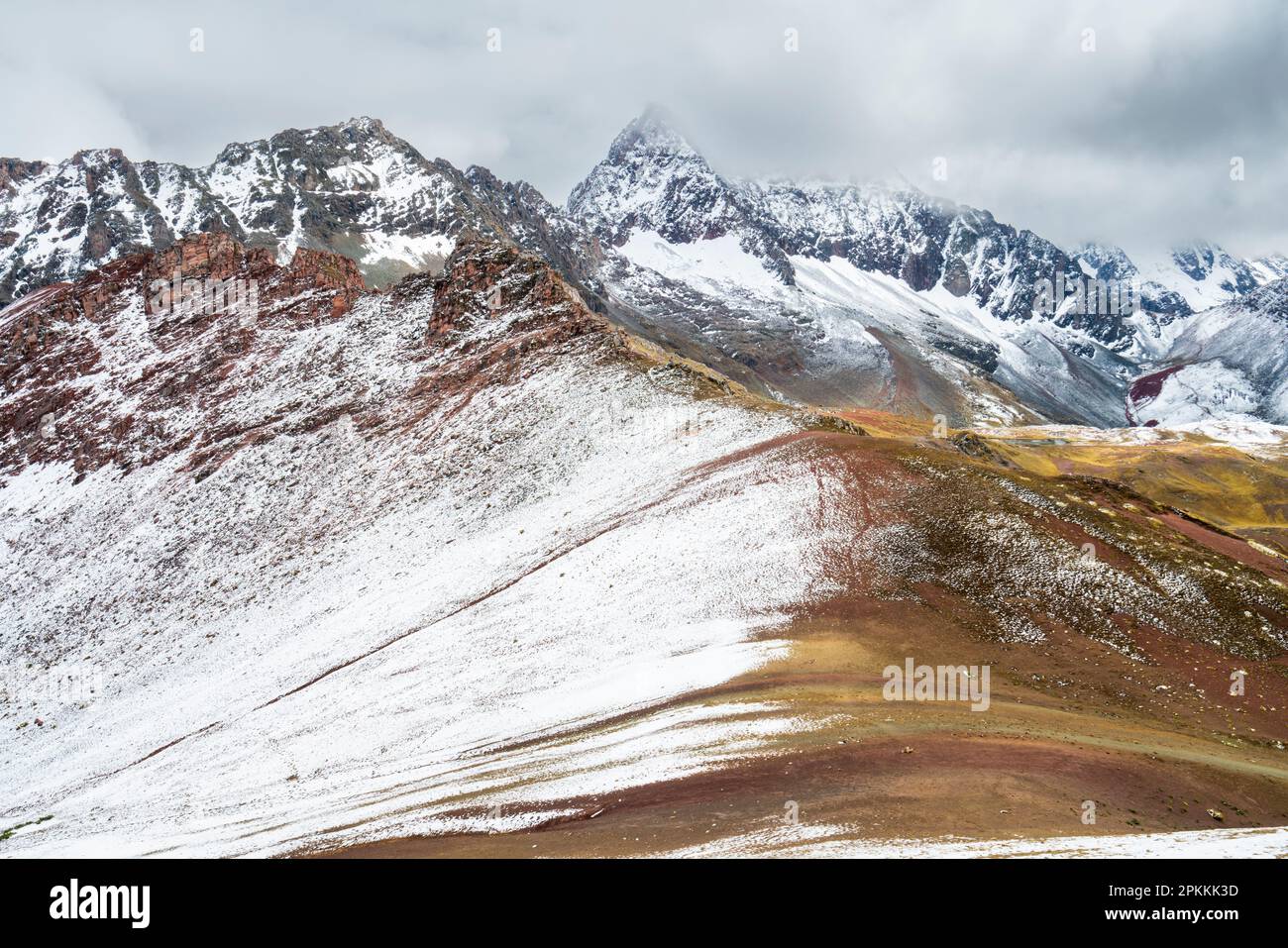 Snow-covered landscape near Rainbow Mountain (Vinicunca), Cusco, Peru ...