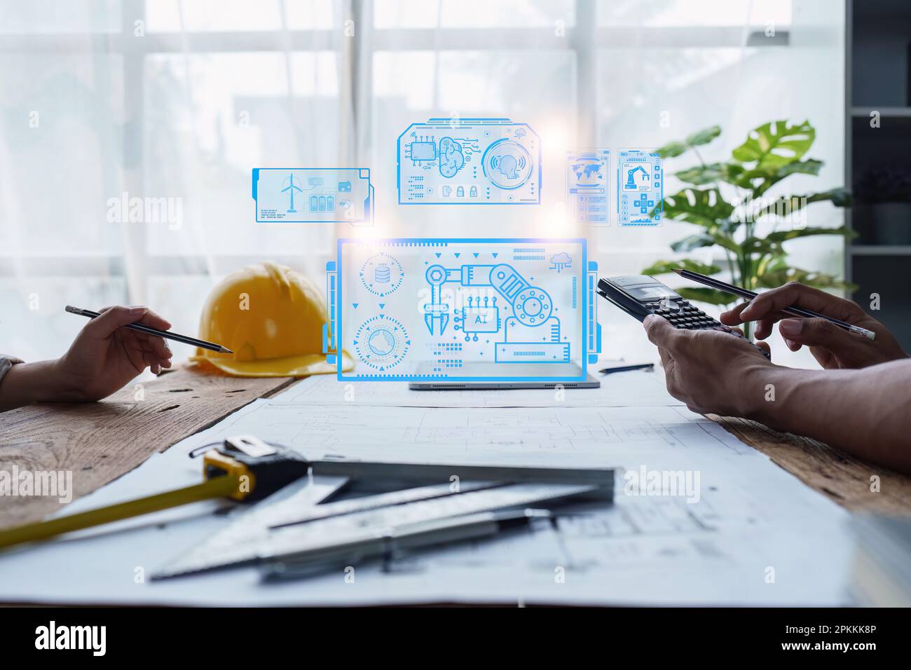 Architect and Engineer working with blueprints for architectural plan, engineer sketching a ...