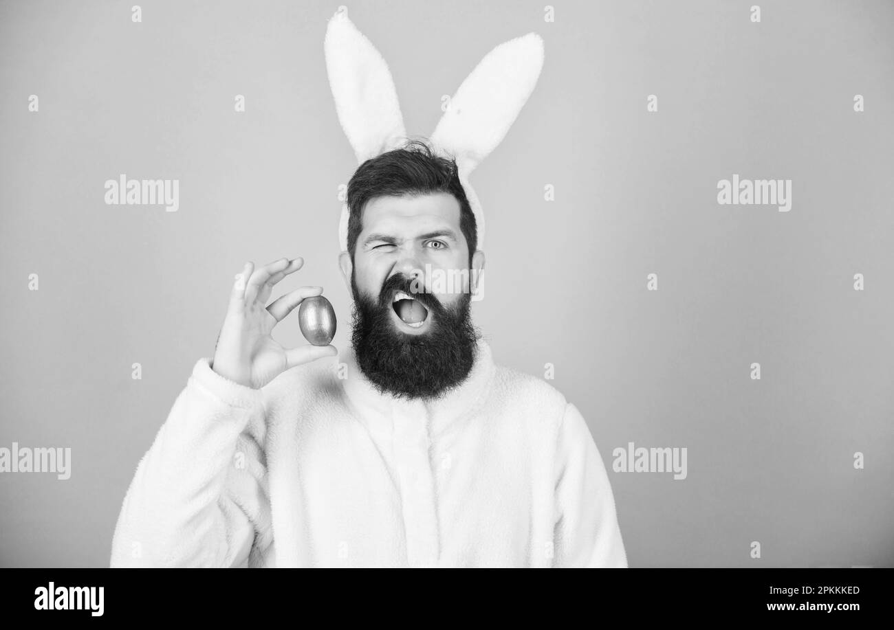 Easter bunny. Funny bunny with beard and mustache. Join celebration. Having fun. Grinning ...
