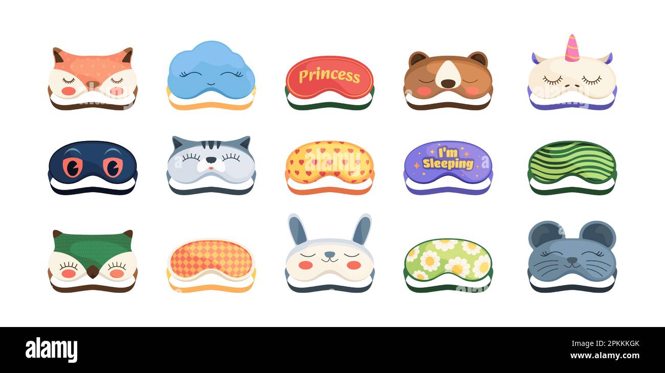 Cartoon sleeping masks. Cute face blindfold mockups, tired sleepy ...