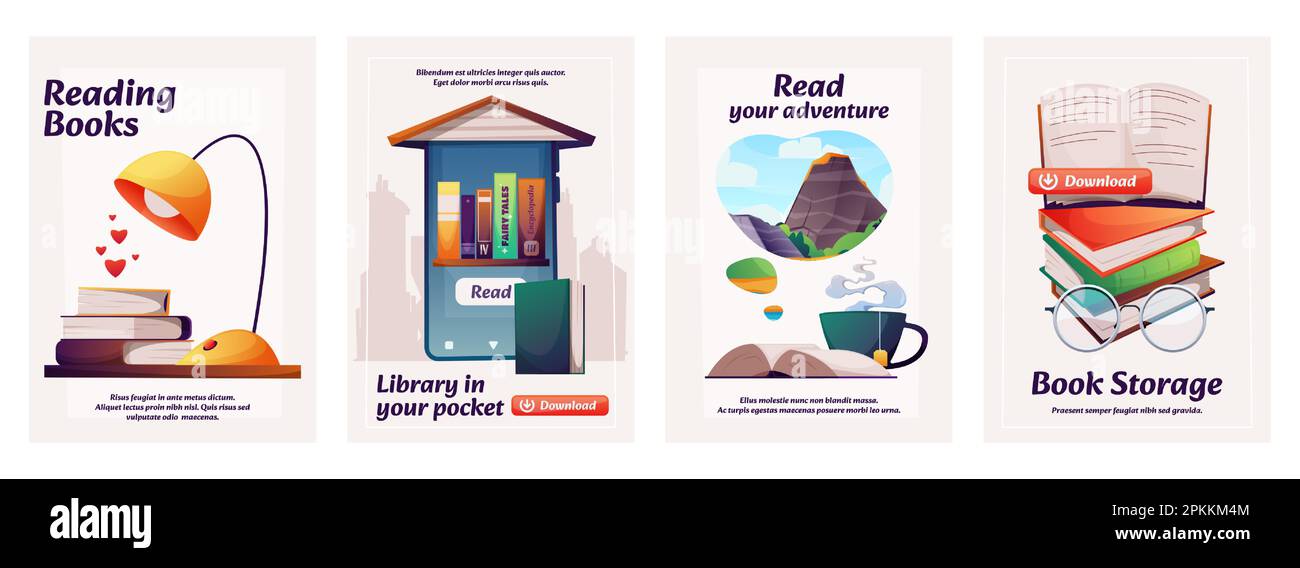 Book reading posters. Cartoon covers with open book, quotes and titles ...