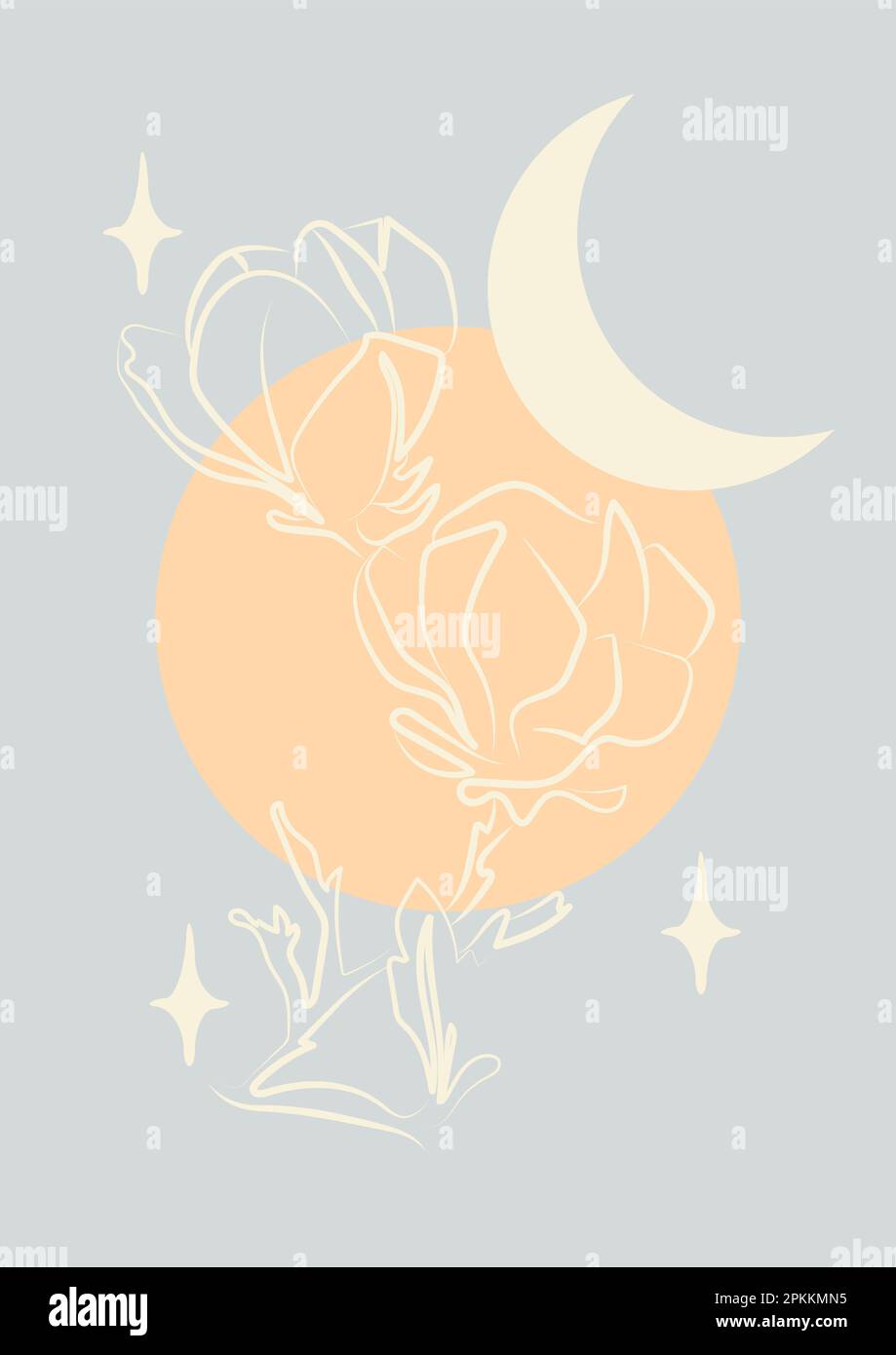 Minimalistic Illustration with magnolia branch and moon. Modern style ...
