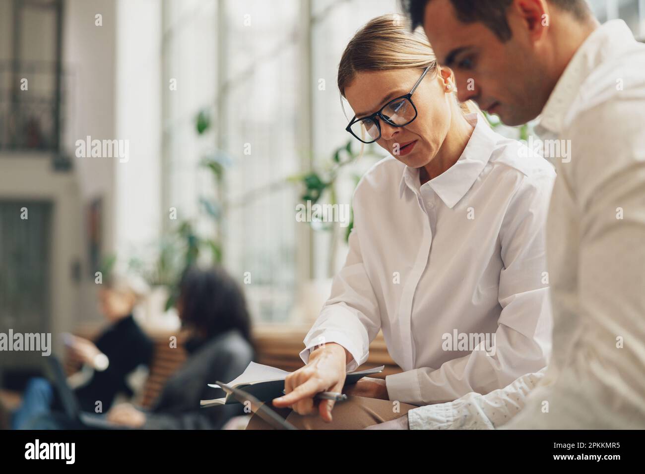 Two colleagues coworkers working together on new business plan during ...