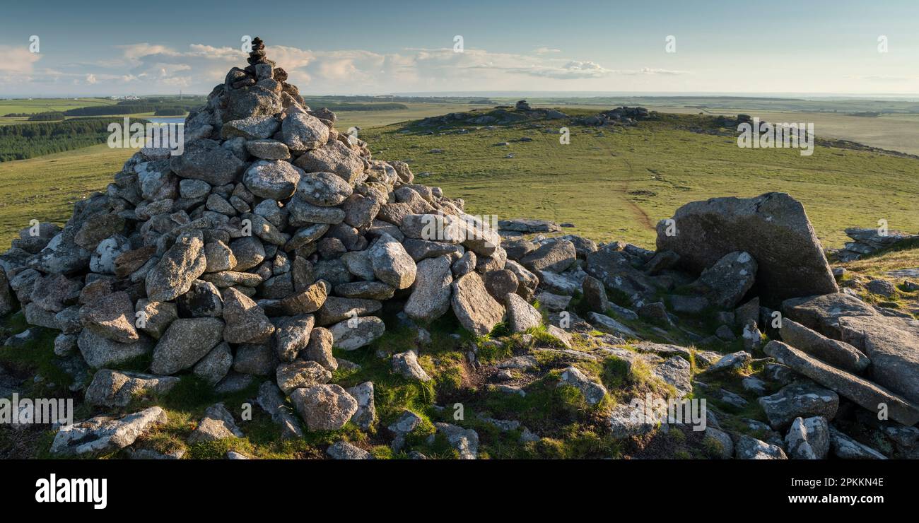 Stone cairn on Little Rough Tor, Bodmin Moor, Cornwall, England, United ...