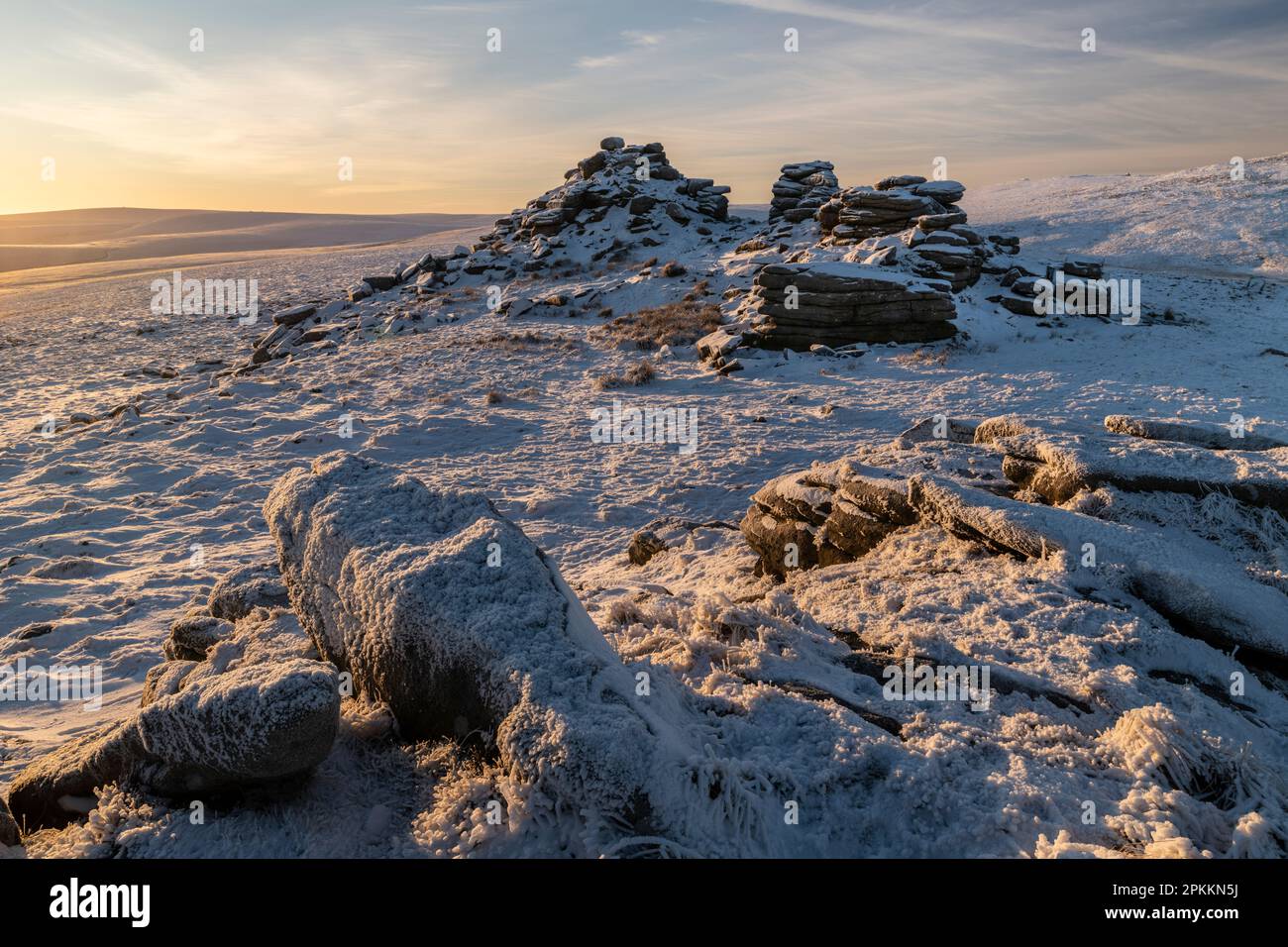Snow and ice covered moorland at West Mill Tor in Dartmoor National ...