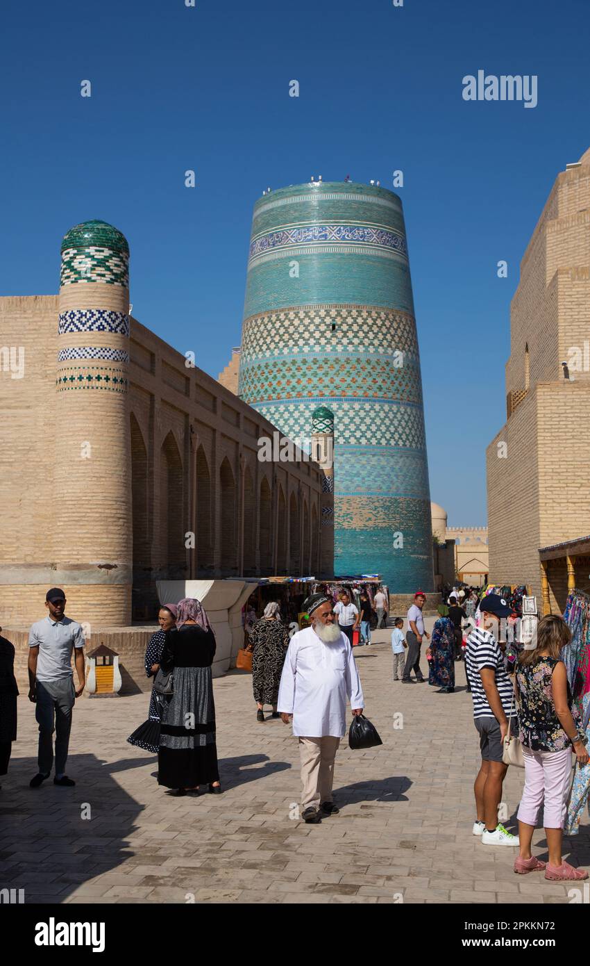 Shopping Street, Kalta Minaret in the background, Ichon Qala (Itchan ...