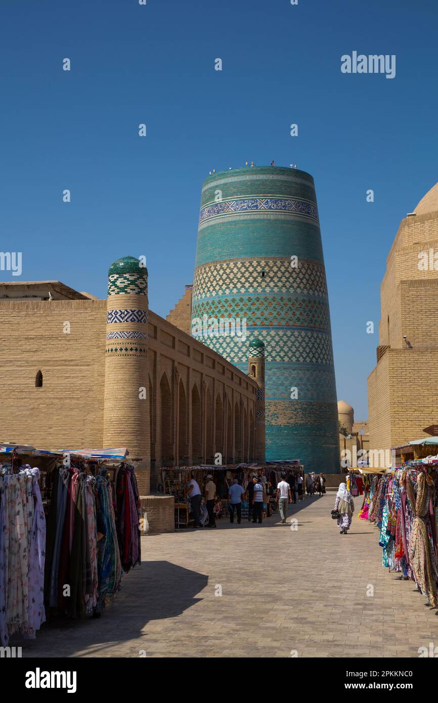 Shopping Street, Kalta Minaret in the background, Ichon Qala (Itchan ...
