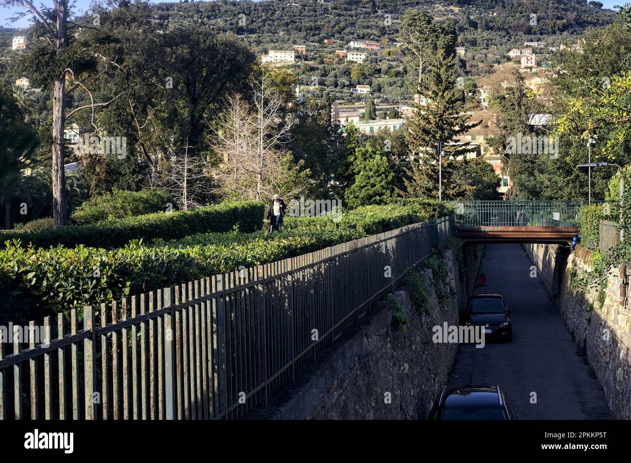 Passage between two stone walls seen from above in a park at sunset ...