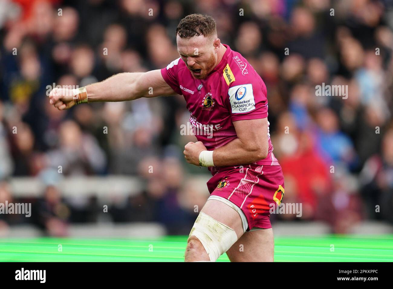 Exeter Chiefs’ Sam Simmonds celebrates after scoring their sides fourth ...