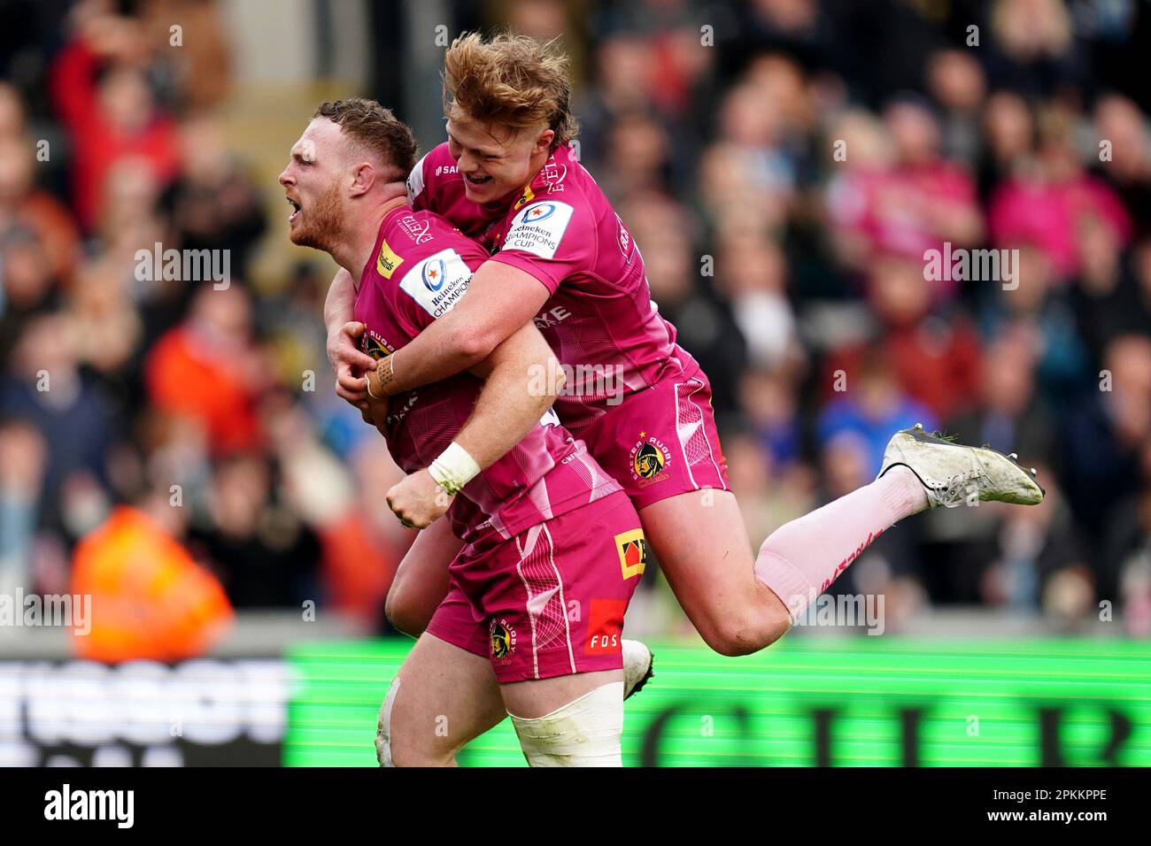 Exeter Chiefs’ Sam Simmonds celebrates after scoring their sides fourth ...