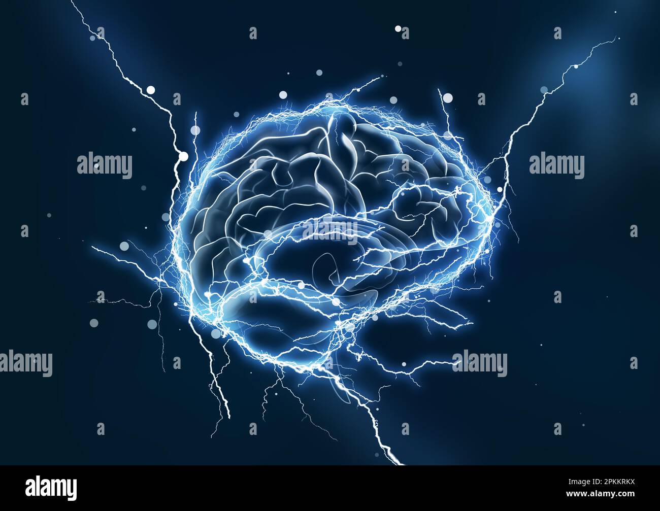 Illustration of human brain with lightning strikes on dark blue ...