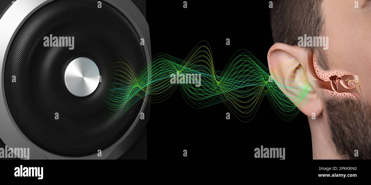 Modern audio speaker and man listening to music on black background ...