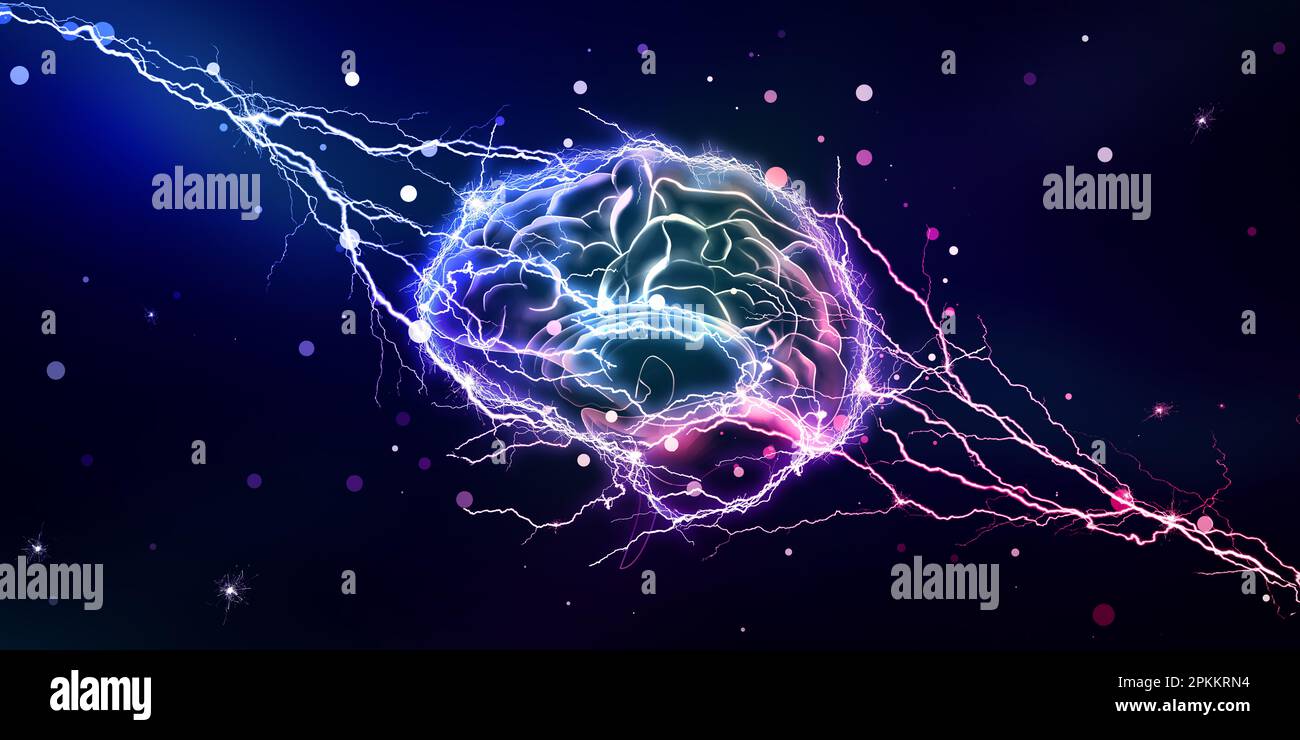 Illustration of human brain with lightning strikes on color background ...