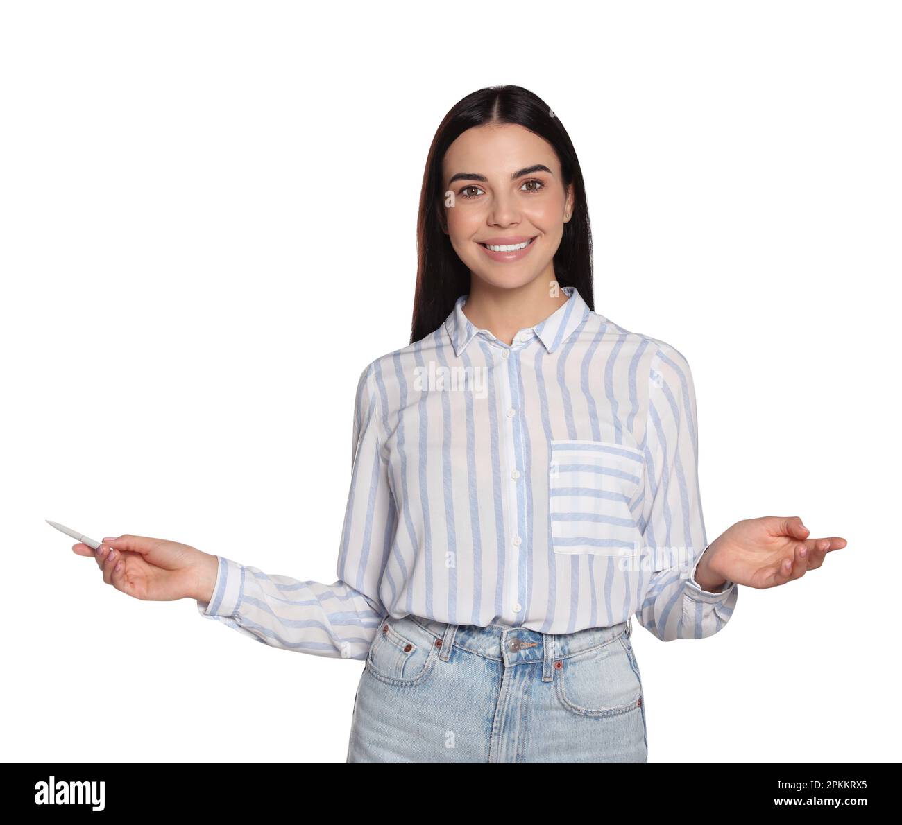 Beautiful young woman on white background. Weather forecast Stock Photo ...