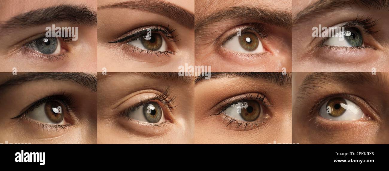 Collage with photos of people with beautiful eyes of different colors ...