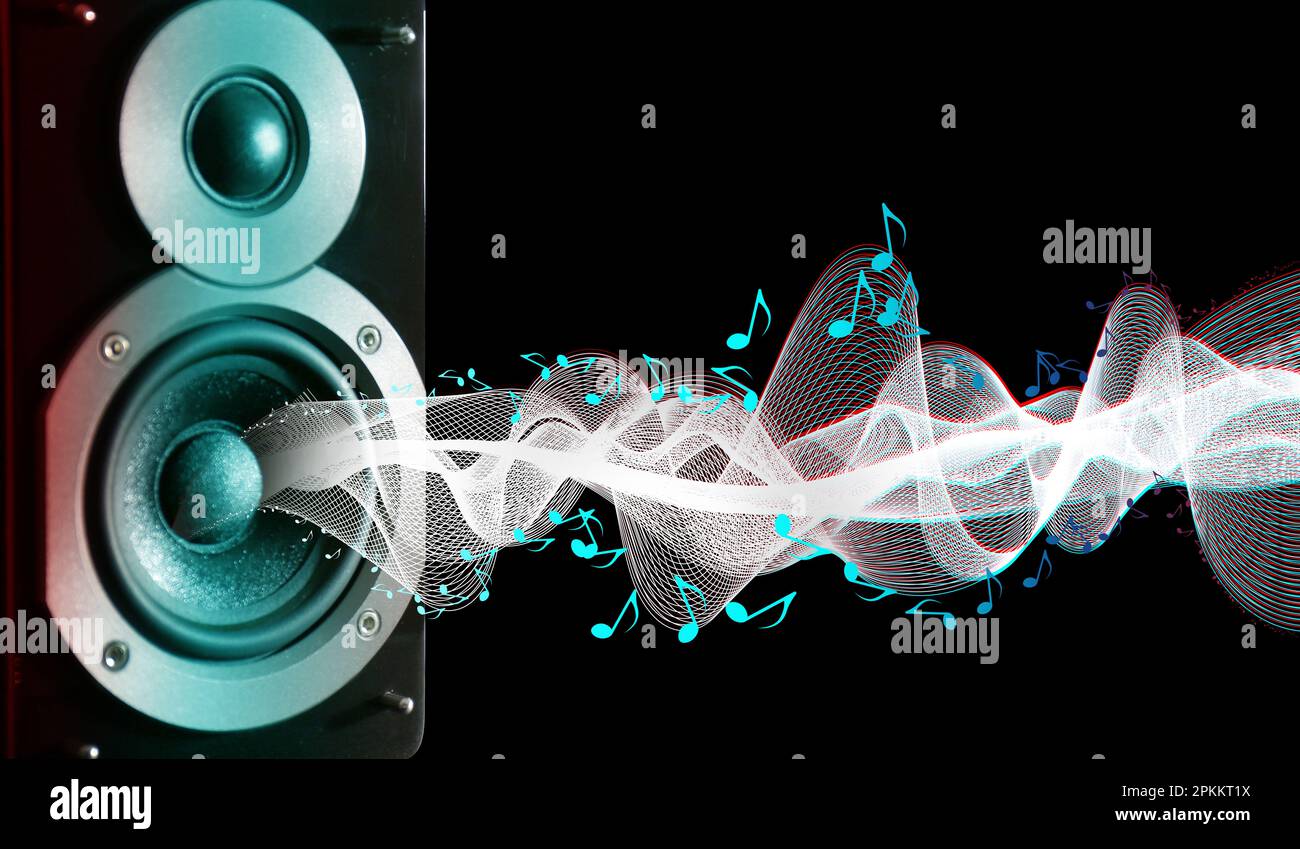Modern powerful audio speaker and sound waves on dark background Stock ...