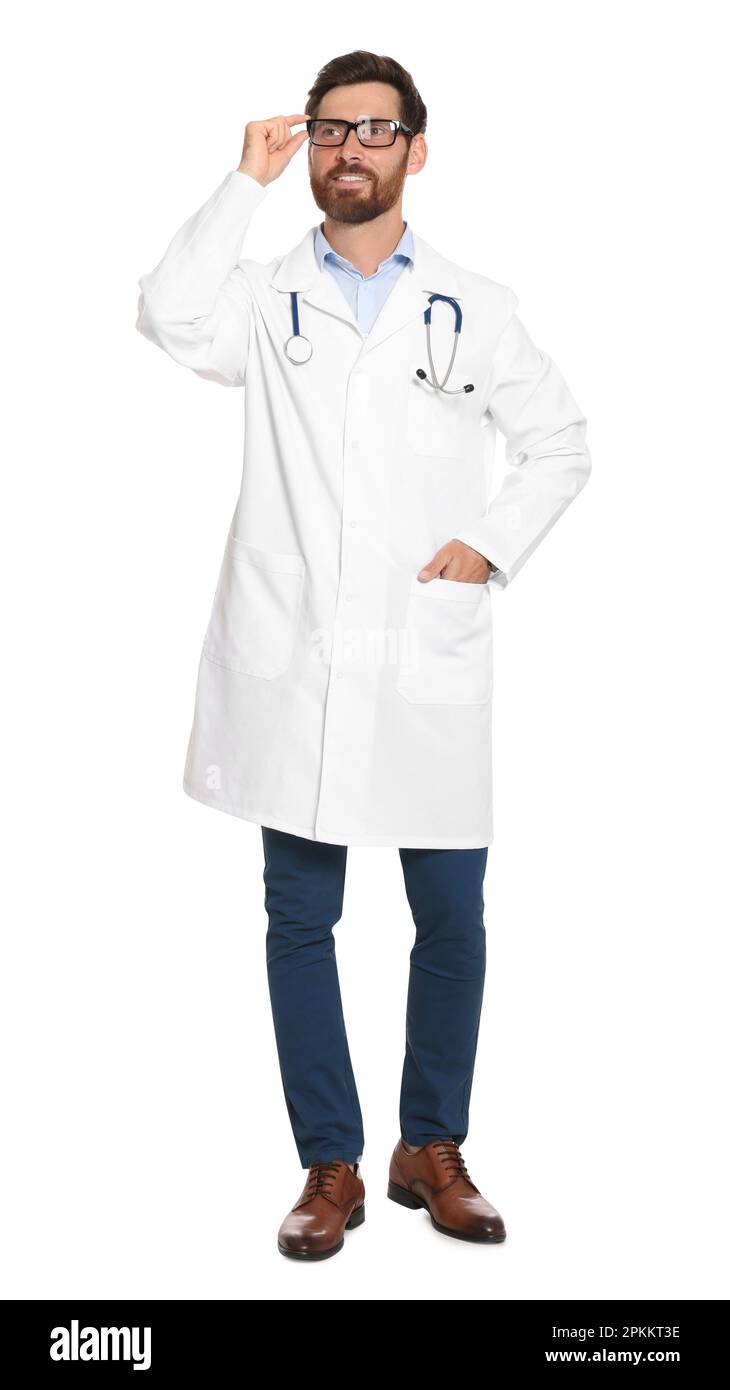 Full length portrait of doctor with stethoscope on white background ...