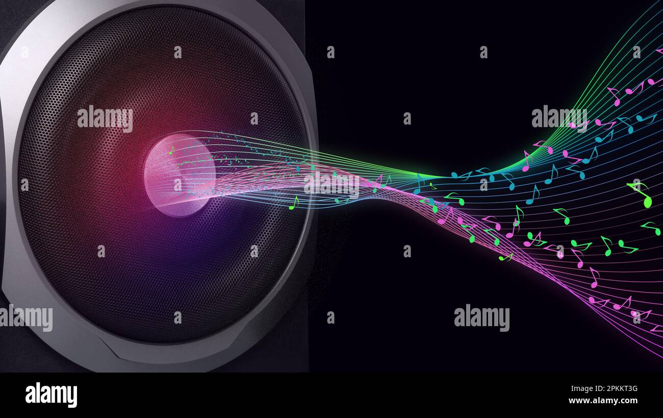 Modern powerful audio speaker and sound waves on dark background Stock ...
