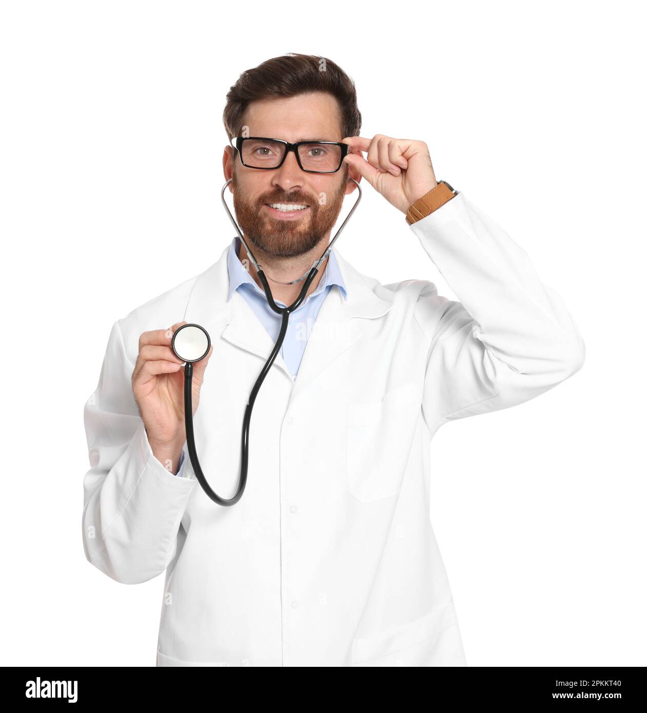 Portrait of doctor with stethoscope on white background Stock Photo - Alamy