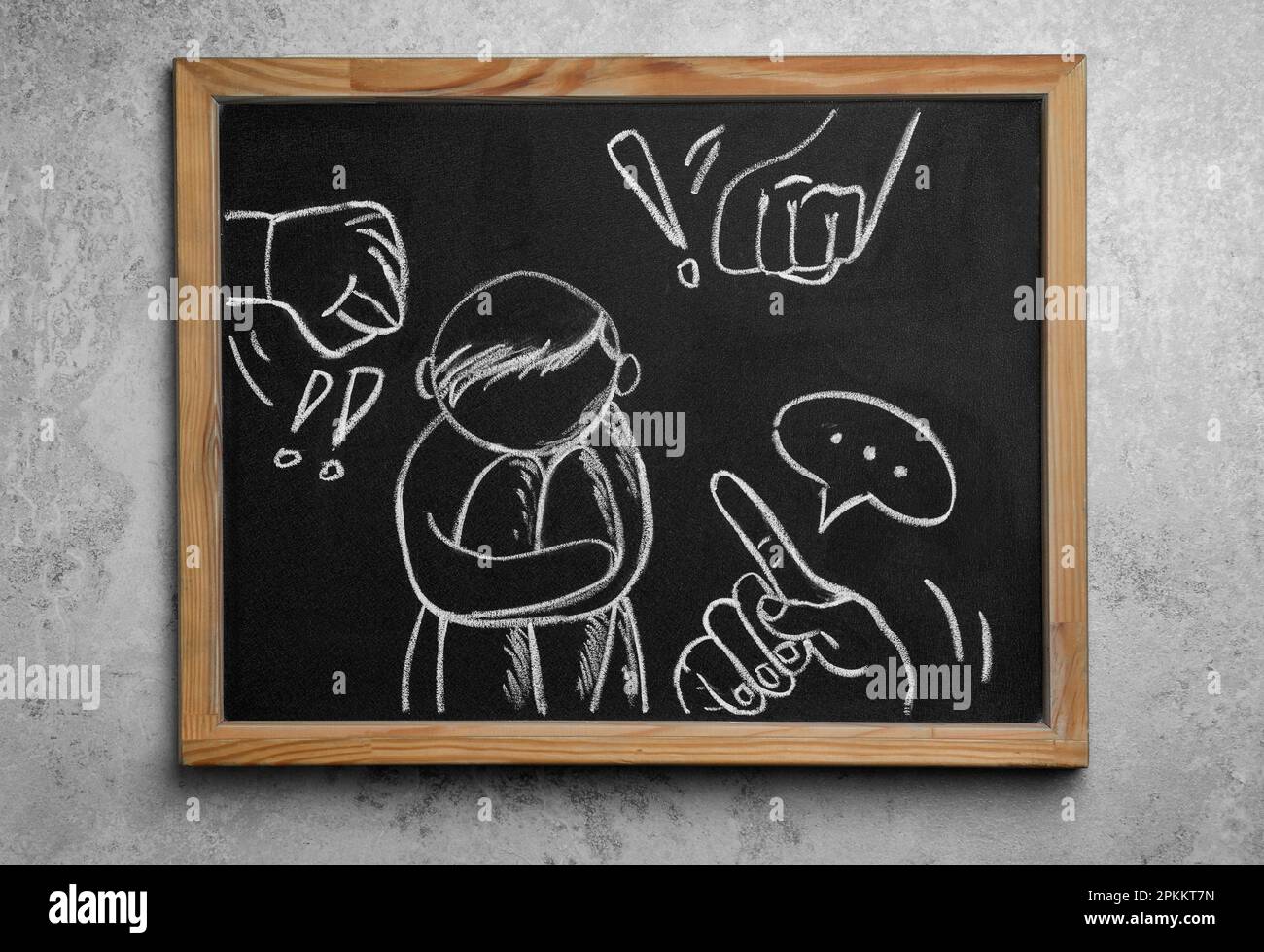 Blackboard with drawn people bullying sad human on grey background, top ...