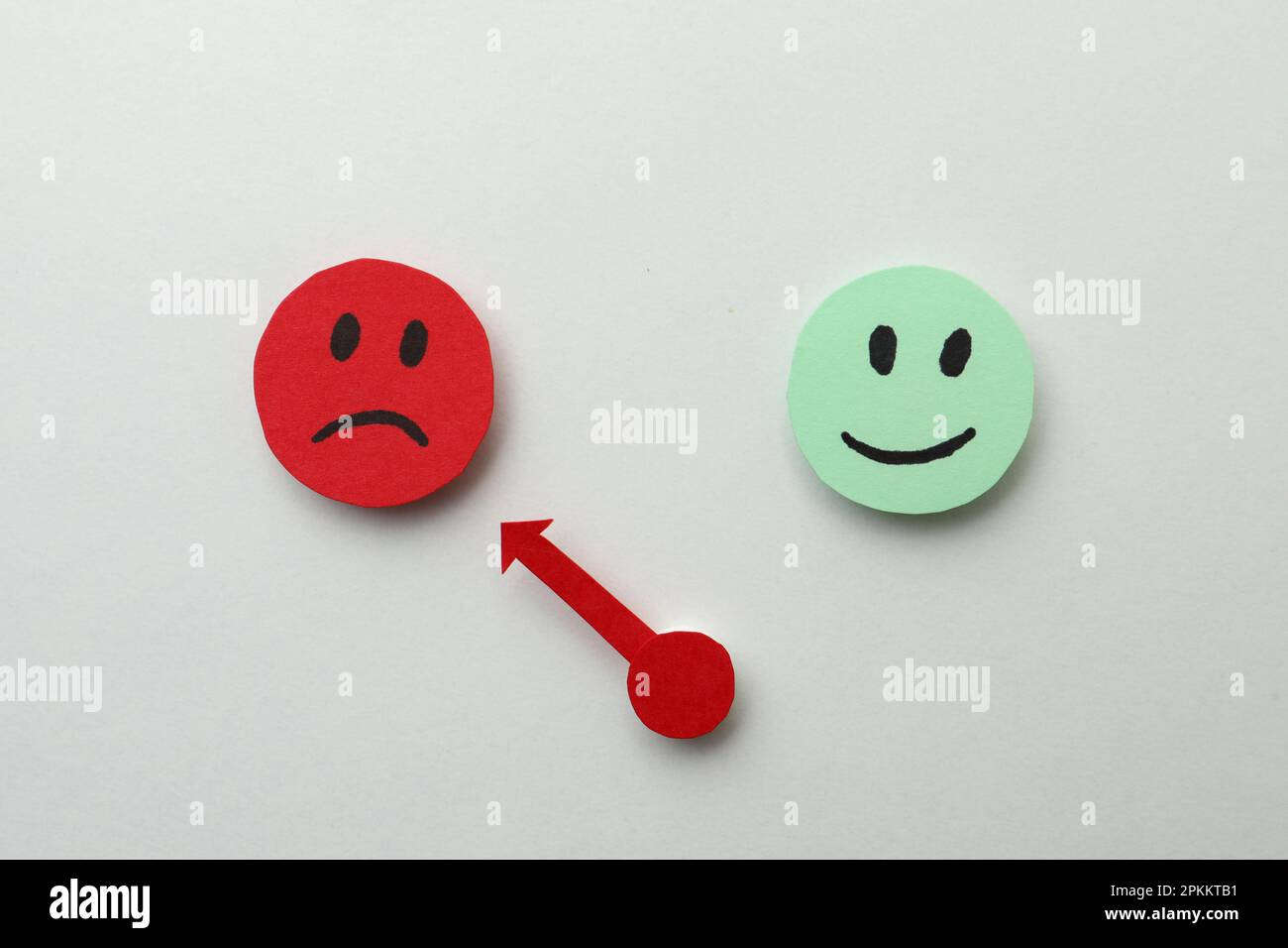 Mood indicator on white background, flat lay. Emotional management ...