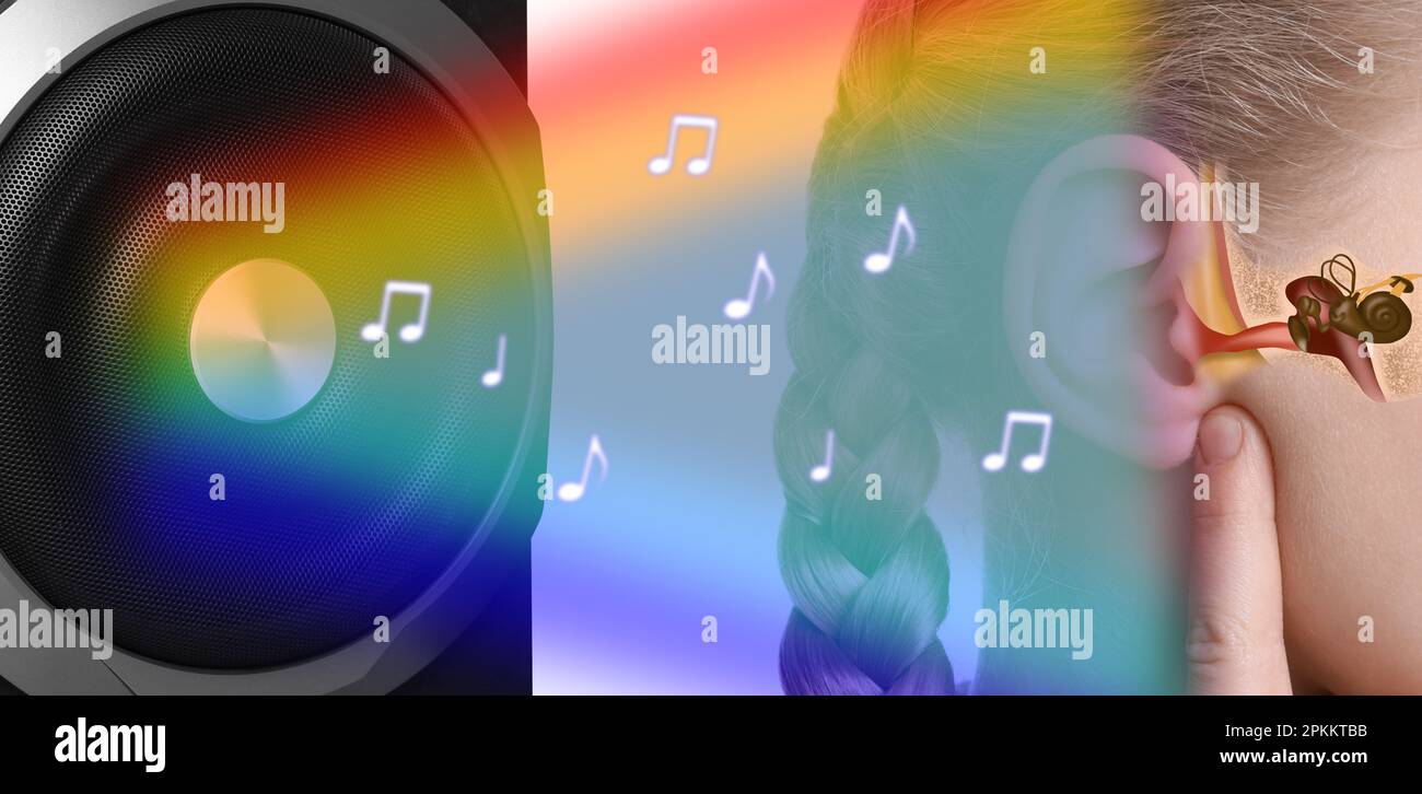 Modern audio speaker and woman listening to music, closeup view of ear ...